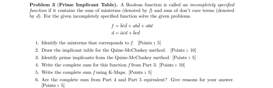 Solved Problem 3 Prime Implicant Table A Boolean Function