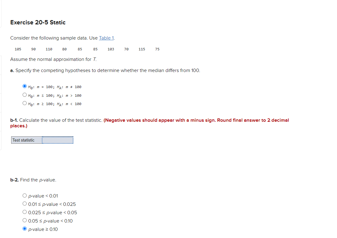 Solved Consider the following sample data. Use Table 1. | Chegg.com