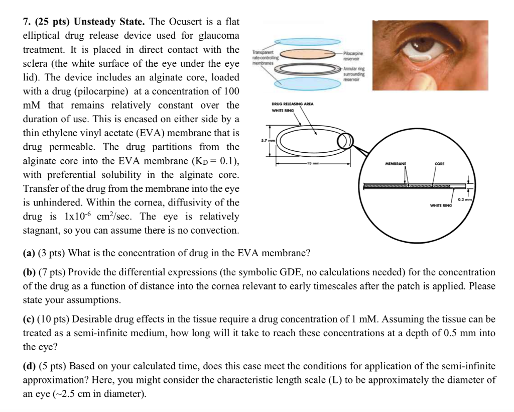 Solved 7. (25 pts) Unsteady State. The Ocusert is a flat | Chegg.com