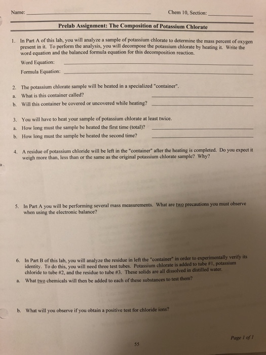 Solved Name: Chem 10, Section: Prelab Assignment: The | Chegg.com