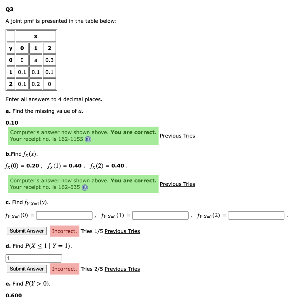 Solved A joint pmf is presented in the table below: Enter | Chegg.com
