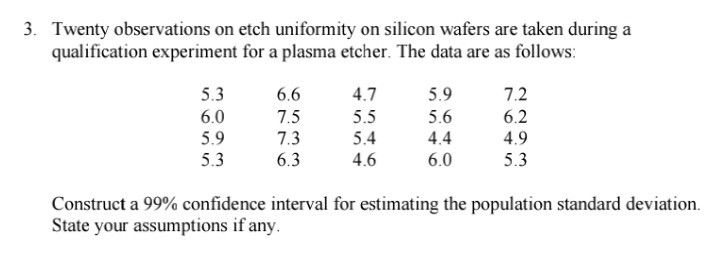 Solved 3. Twenty observations on etch uniformity on silicon | Chegg.com