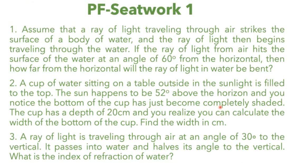 Solved 1. Assume that a ray of light traveling through air | Chegg.com