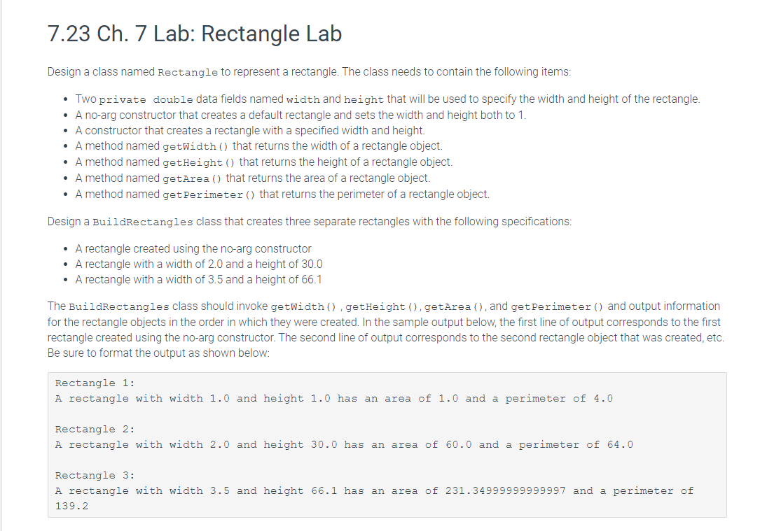 Solved 7.23 Ch. 7 Lab: Rectangle Lab Design a class named | Chegg.com