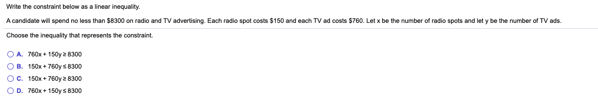Solved Write the constraint below as a linear inequality. A | Chegg.com