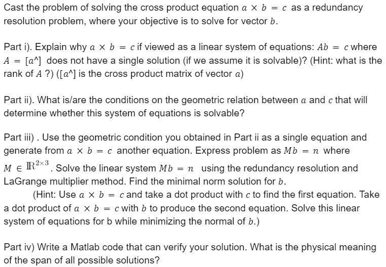 Cast the problem of solving the cross product | Chegg.com