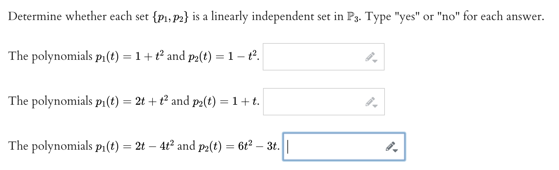Solved Determine whether each set {p1,p2} is a linearly | Chegg.com