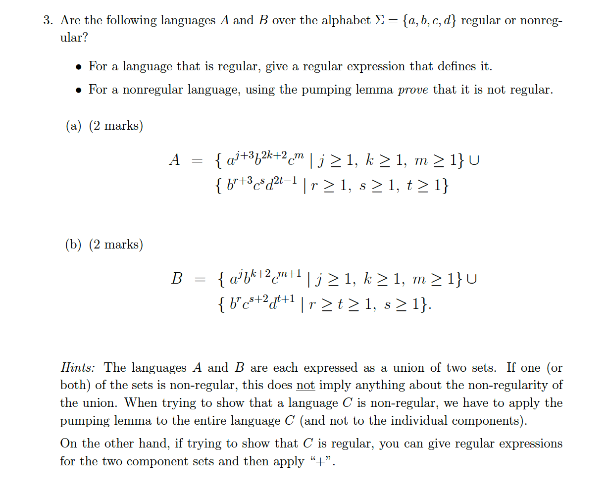 Solved = 3. Are the following languages A and B over the | Chegg.com