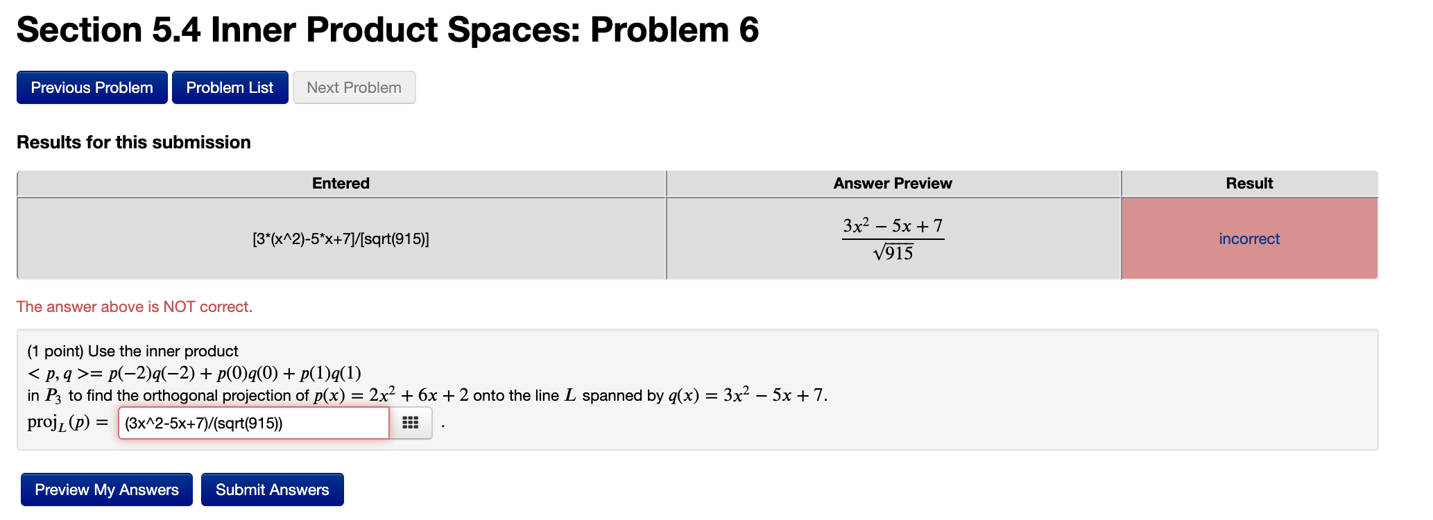 Solved Section 5.4 Inner Product Spaces: Problem 6 Previous | Chegg.com