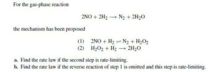 Solved For the gas-phase reaction 2NO+2H2 N2 + 2H2O the | Chegg.com