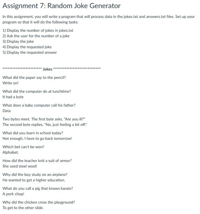 Solved Assignment 7: Random Joke Generator In this | Chegg.com