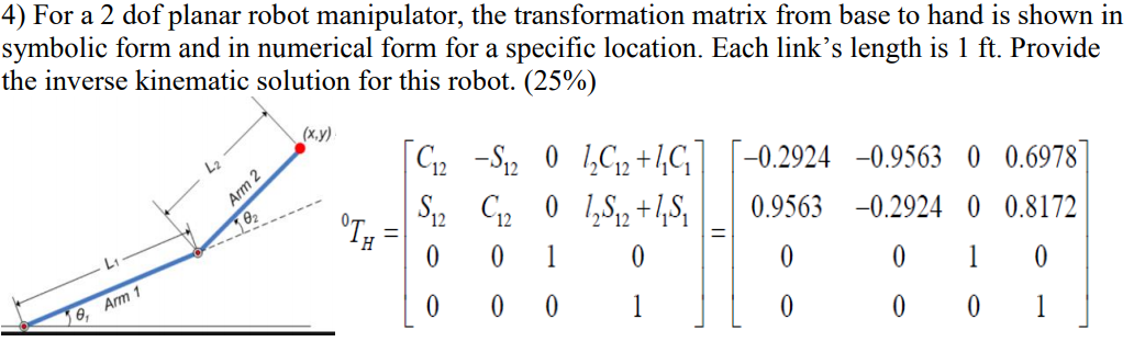 Solved 4) For a 2 dof planar robot manipulator, the | Chegg.com