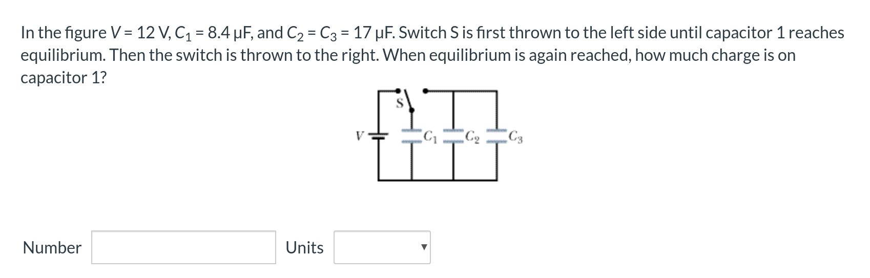 Solved In the figure V = 12 V, C1 = 8.4 uF, and C2 = C3 = 17 | Chegg.com