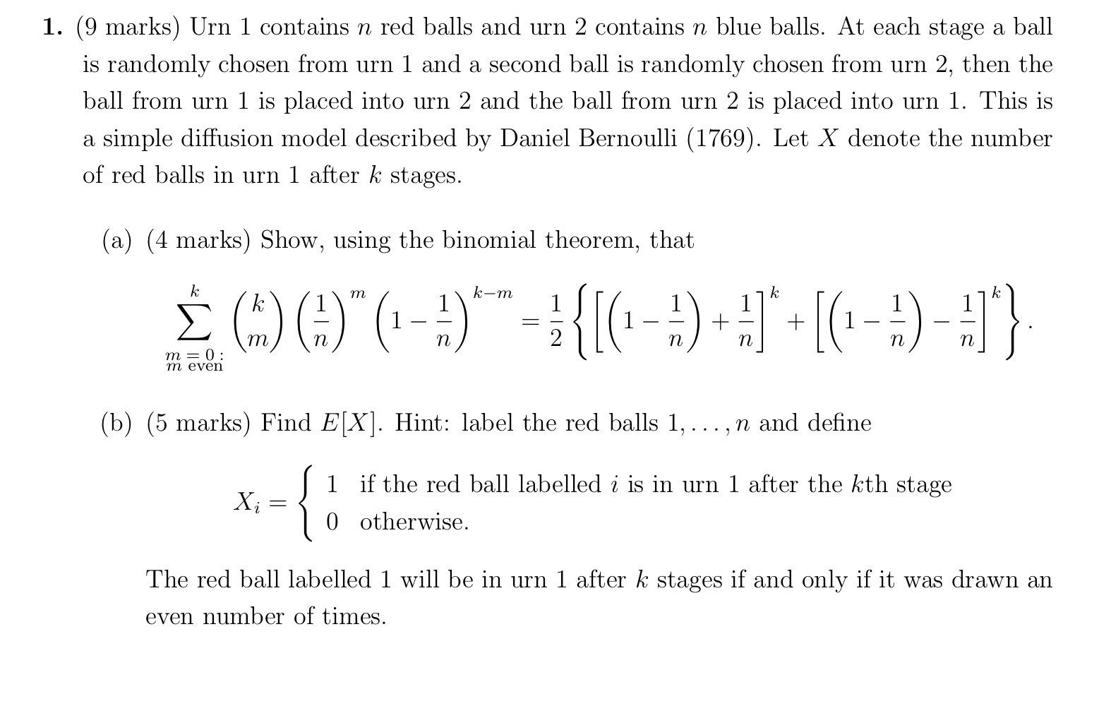 Solved 1. (9 marks) Urn 1 contains n red balls and urn 2 | Chegg.com