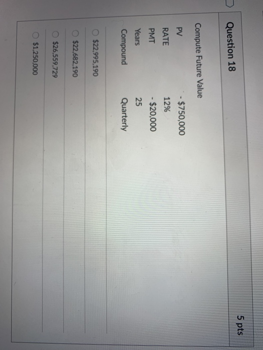 Solved 5 pts Question 18 Compute Future Value $750,000 12% | Chegg.com