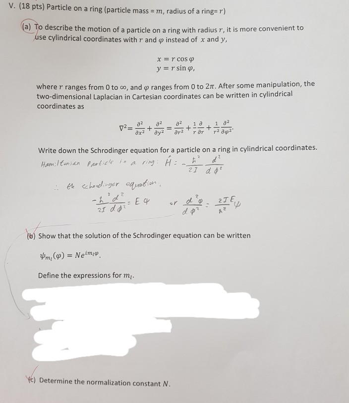 Solved V. (18 pts) Particle on a ring (particle mass -m, | Chegg.com