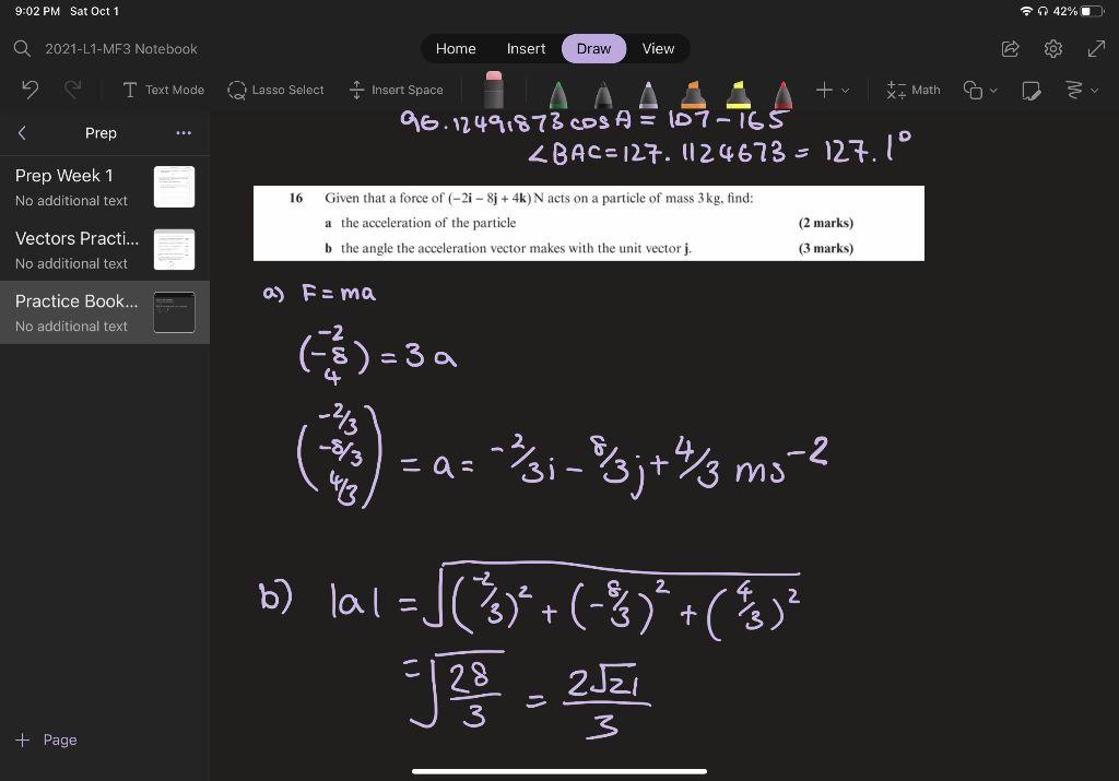Solved a) F=ma ⎝⎛−2−84⎠⎞=3a⎝⎛−2/3−8/34/3⎠⎞=a=−2/3i−8/3j+4/3 | Chegg.com