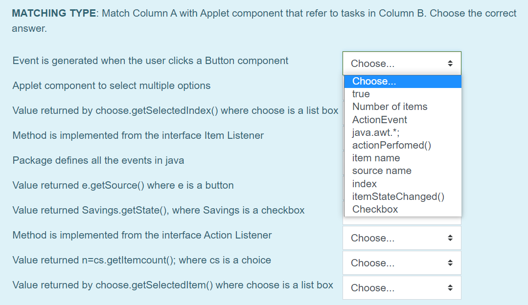 Solved MATCHING TYPE: Match Column A with Applet component | Chegg.com