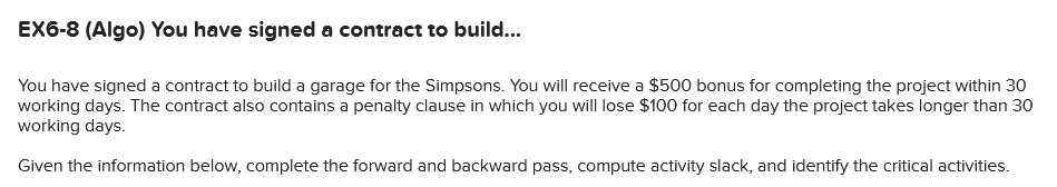 Solved EX6-8 (Algo) You have signed a contract to build... | Chegg.com