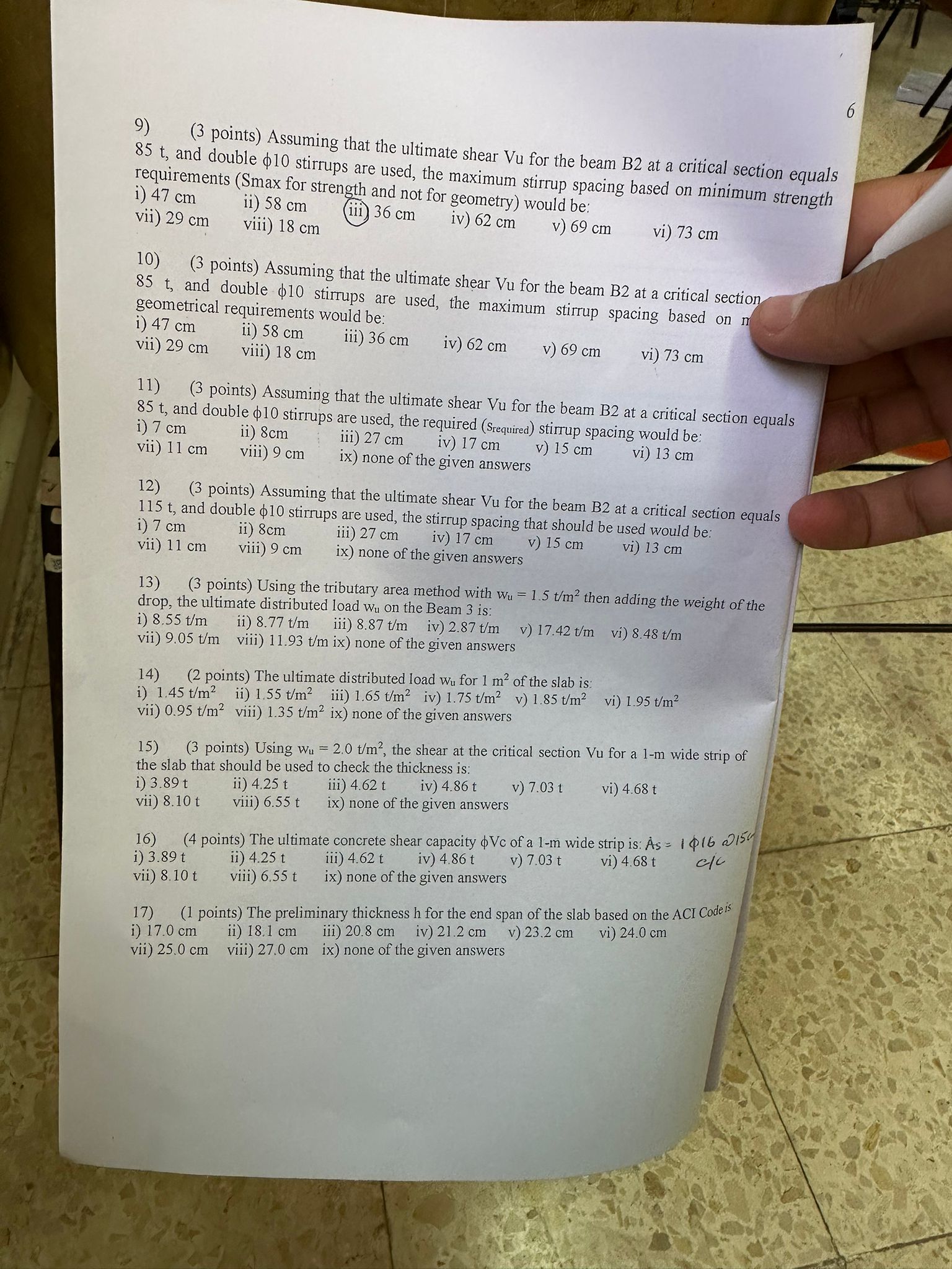 Solved 9) (3 points) Assuming that the ultimate shear Vu for | Chegg.com