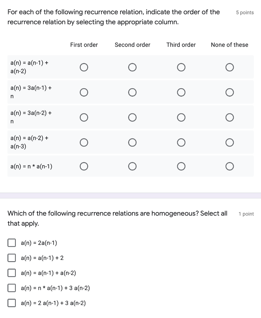 Solved 5 points For each of the following recurrence | Chegg.com