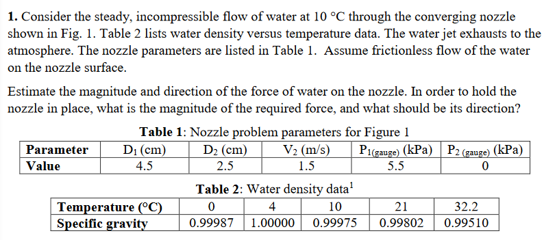 Solved 1. Consider the steady, incompressible flow of water | Chegg.com