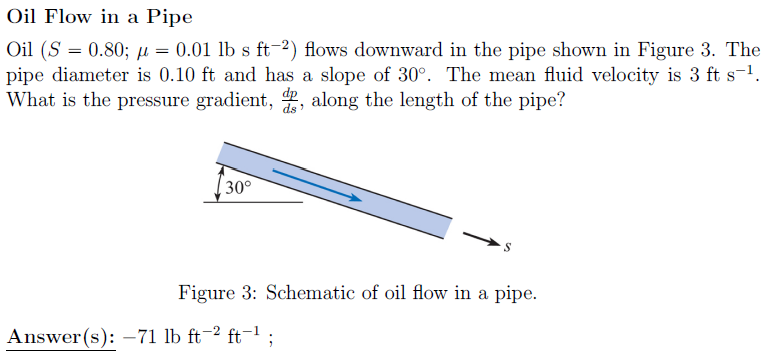 Solved Oil Flow in a Pipe Oil (S 0.80; 0.01 lb s ft2) flows | Chegg.com