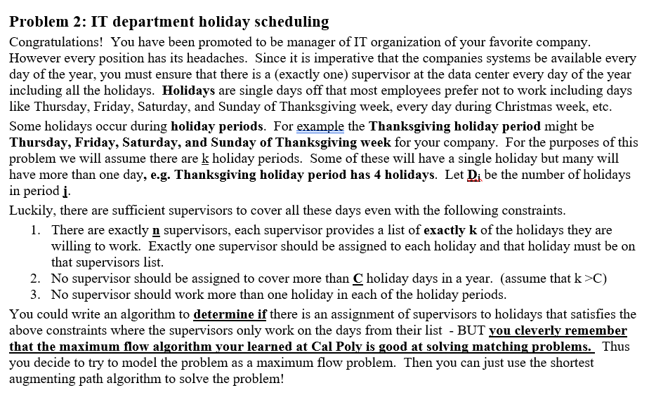 Problem 2: IT department holiday scheduling | Chegg.com