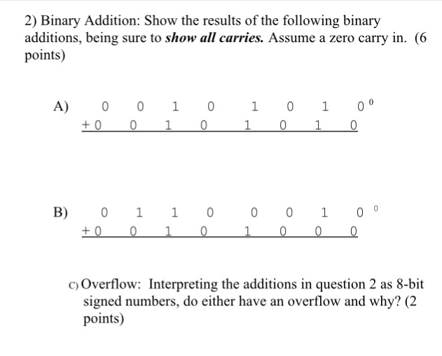 Solved Binary Addition: Show the results of the following | Chegg.com