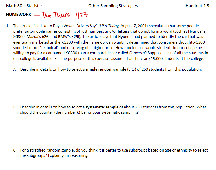 Solved Math 80 - Statistics Other Sampling Strategies | Chegg.com