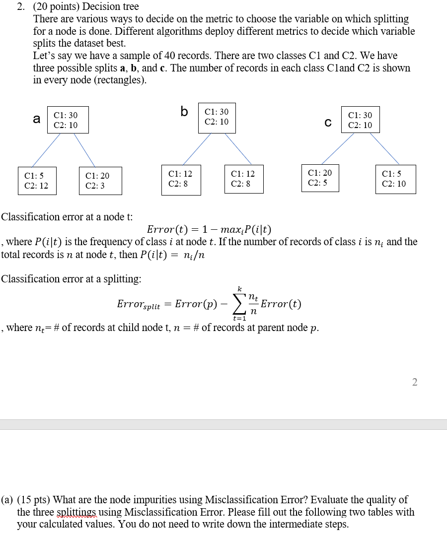 2. (20 points) Decision tree There are various ways | Chegg.com
