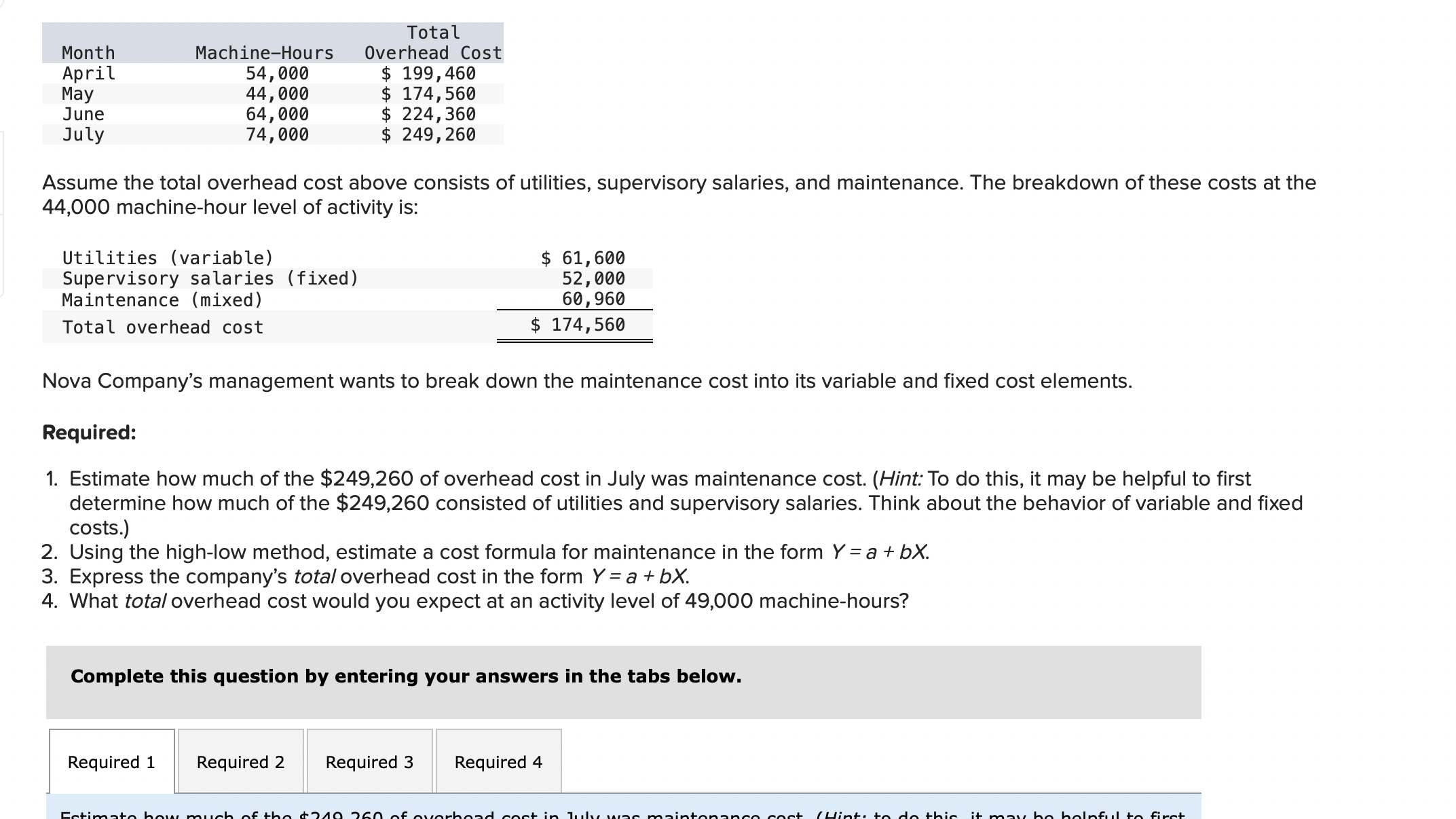 Solved Nova Company's total overhead cost at various levels | Chegg.com