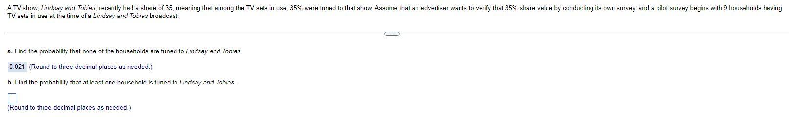 Solved TV sets in use at the time of a Lindsay and Tobias | Chegg.com