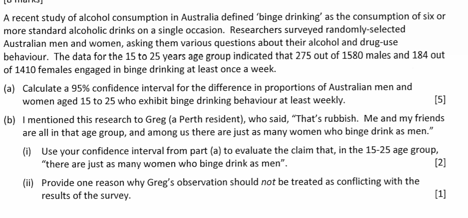 Solved A recent study of alcohol consumption in Australia | Chegg.com