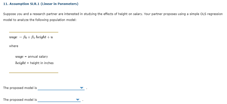 Solved 11. Assumption SLR.1 (Linear in Parameters) Suppose | Chegg.com