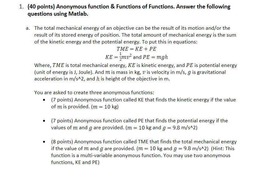 Solved 1. (40 points) Anonymous function \& Functions of | Chegg.com