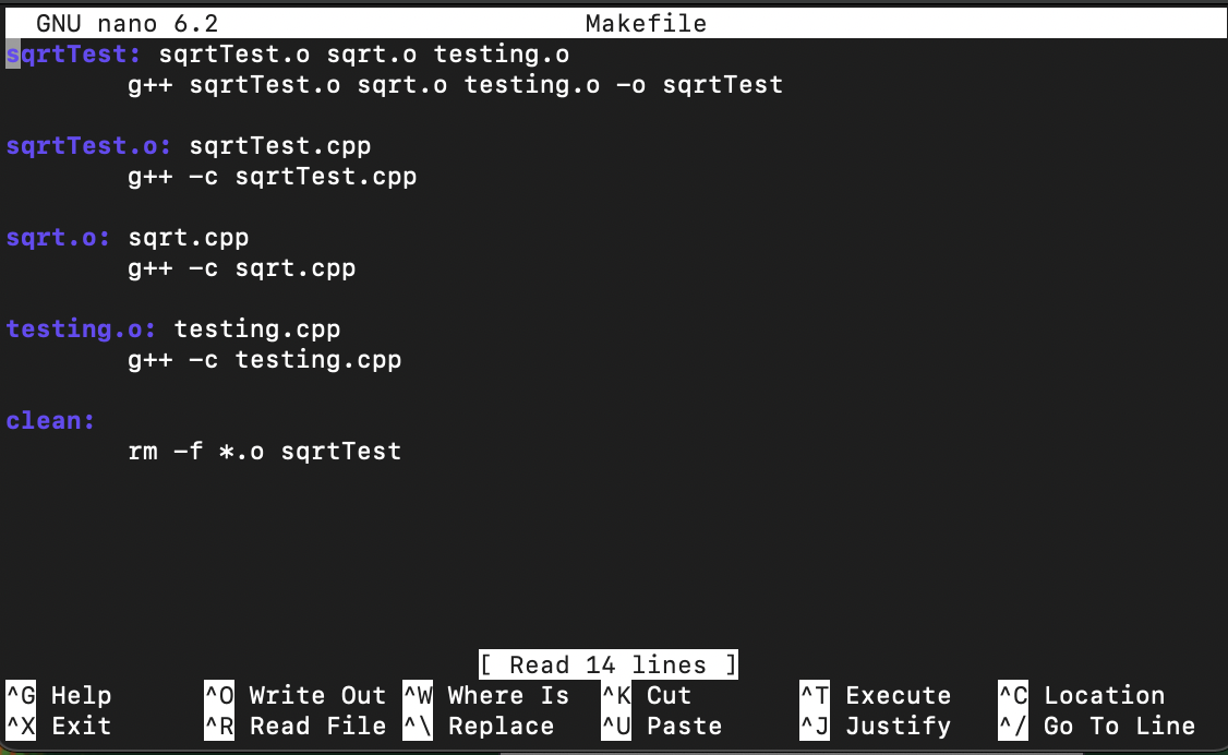 Solved GNU nano 6.2 Makefile sqrtTest: sqrtTest.o sqrt.o | Chegg.com