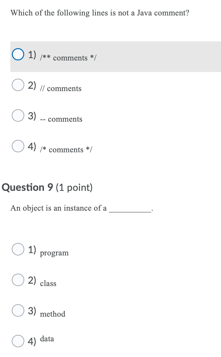 Solved Which of the following lines is not a Java comment? O | Chegg.com