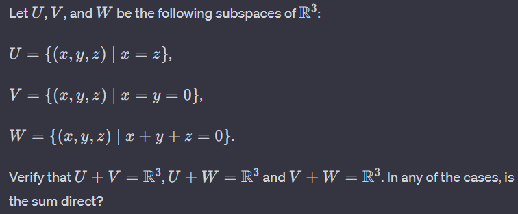 Solved Let U,V, ﻿and W ﻿be the following subspaces of R3 | Chegg.com