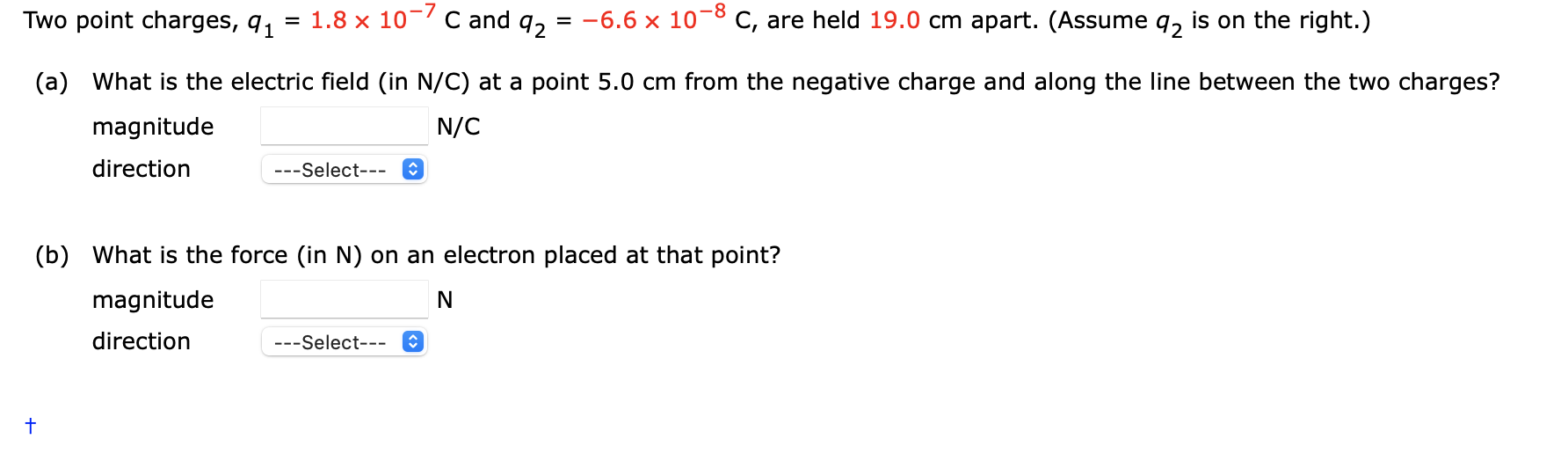 Solved Two point charges, q1=1.8×10−7C and q2=−6.6×10−8C, | Chegg.com