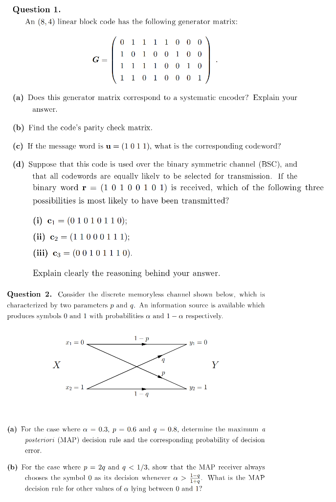 Solved Question 1 An 84 Linear Block Code Has The 