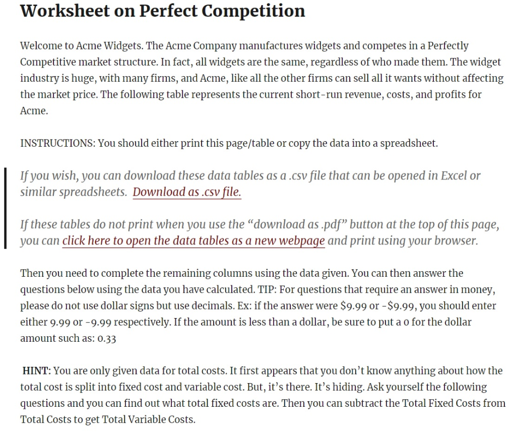 Solved Worksheet on Perfect Competition Welcome to Acme | Chegg.com