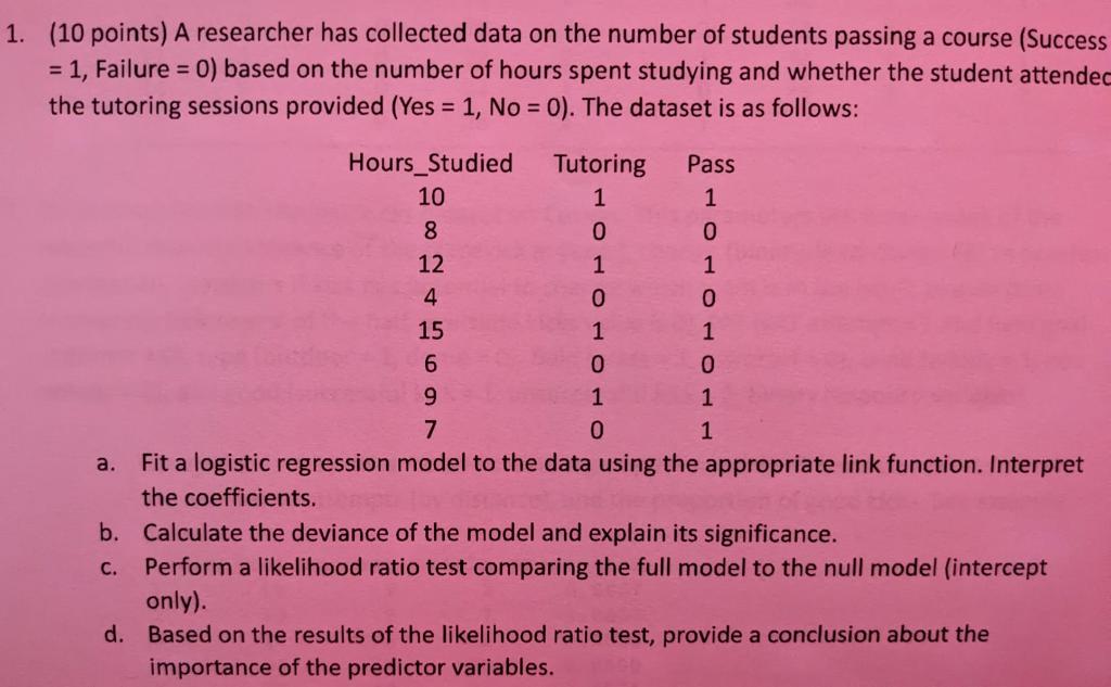 (10 points) A researcher has collected data on the | Chegg.com