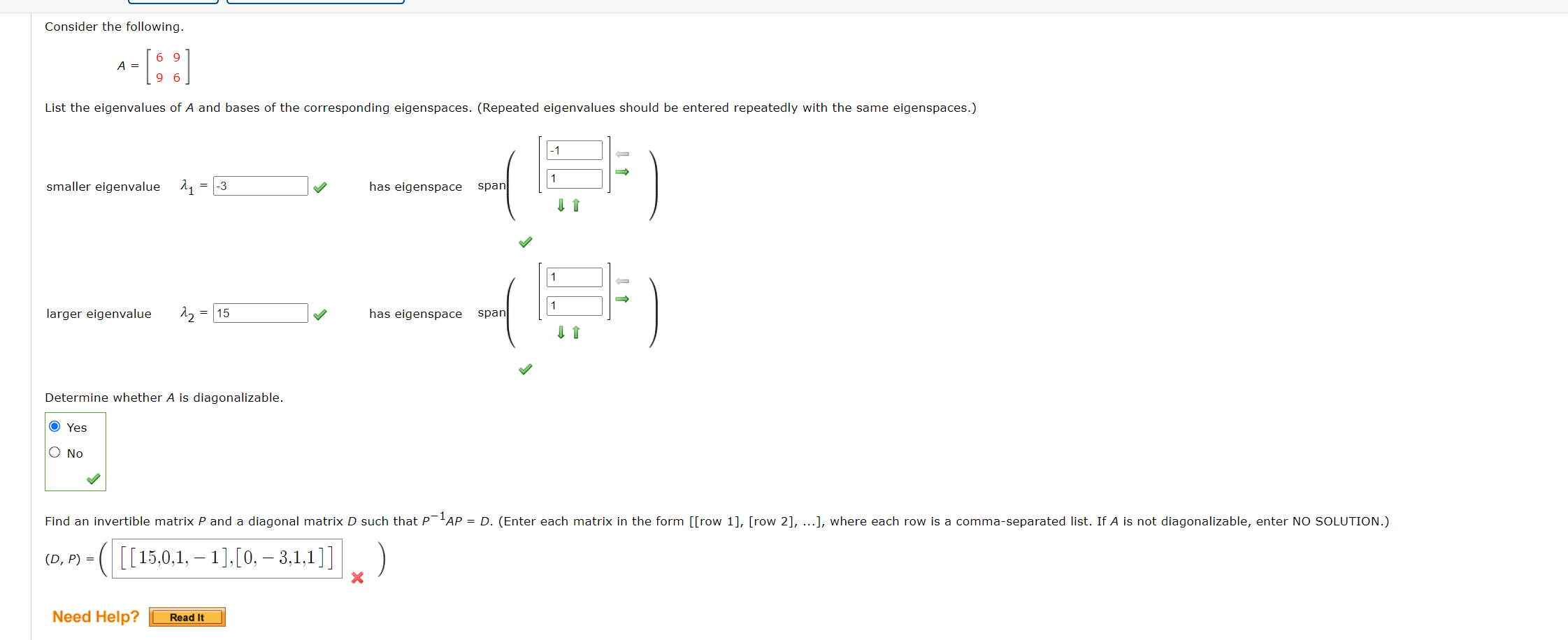 Solved Consider the following. A=[6996] List the eigenvalues | Chegg.com