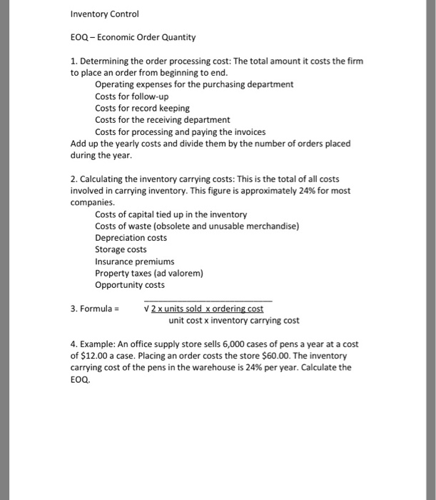 Solved Inventory Control EOQ-Economic Order Quantity 1. | Chegg.com