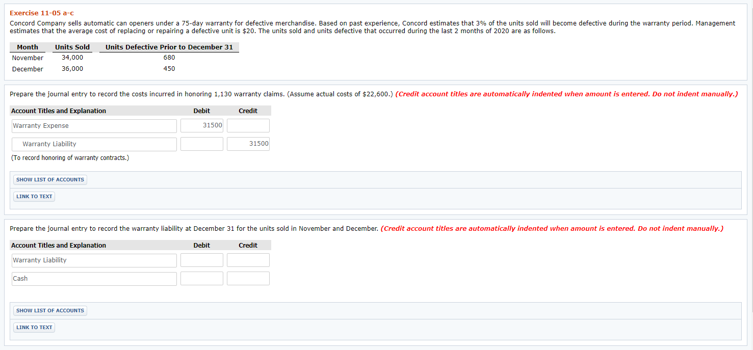 Solved Exercise 11-05 a-c Concord Company sells automatic | Chegg.com