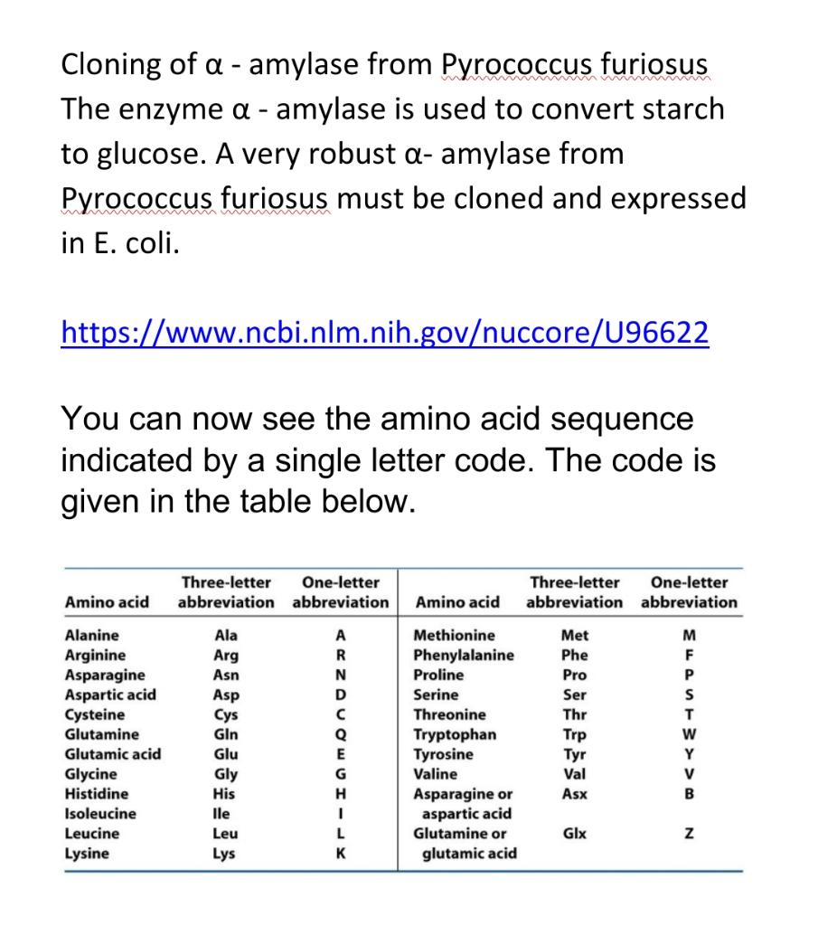 Cloning of a - amylase from Pyrococcus furiosus The | Chegg.com