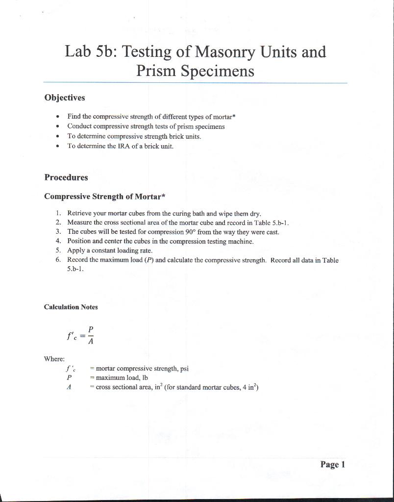 Solved Lab 5b: Testing of Masonry Units and Prism Specimens | Chegg.com