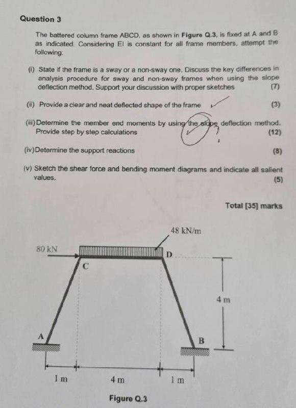 Solved Question 3 The battered column frame ABCD, as shown | Chegg.com
