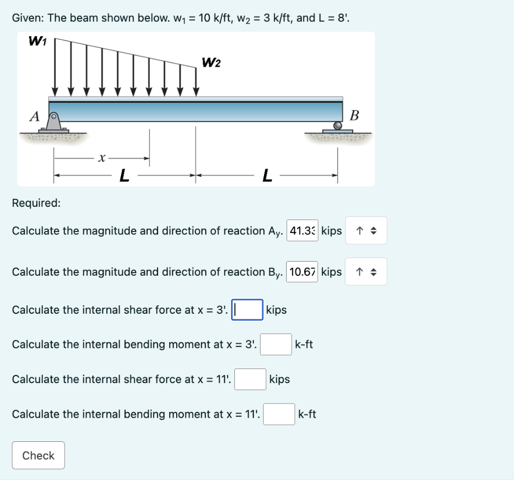 Solved Given: The beam shown below. w1=10k/ft,w2=3k/ft, and | Chegg.com